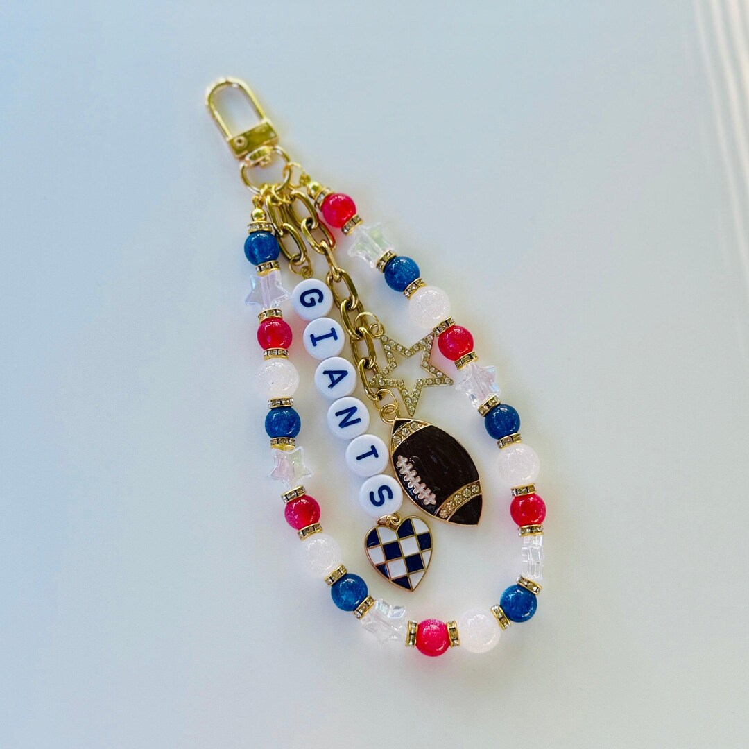 Giants Football Bag Charm – Blue, Red and White Beaded Keychain, Game ...
