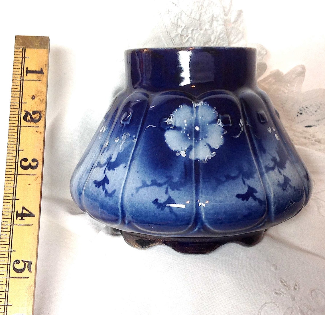Flow Blue Vase Victorian Art Pottery Cobalt Blue Floral Flower Decor ...
