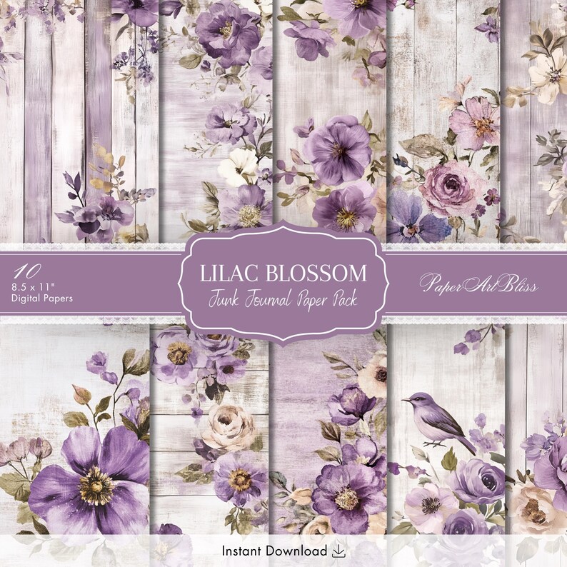 10 Purple Flowers Background Papers, 8.5 X 11 Digital Paper Pack, Junk ...