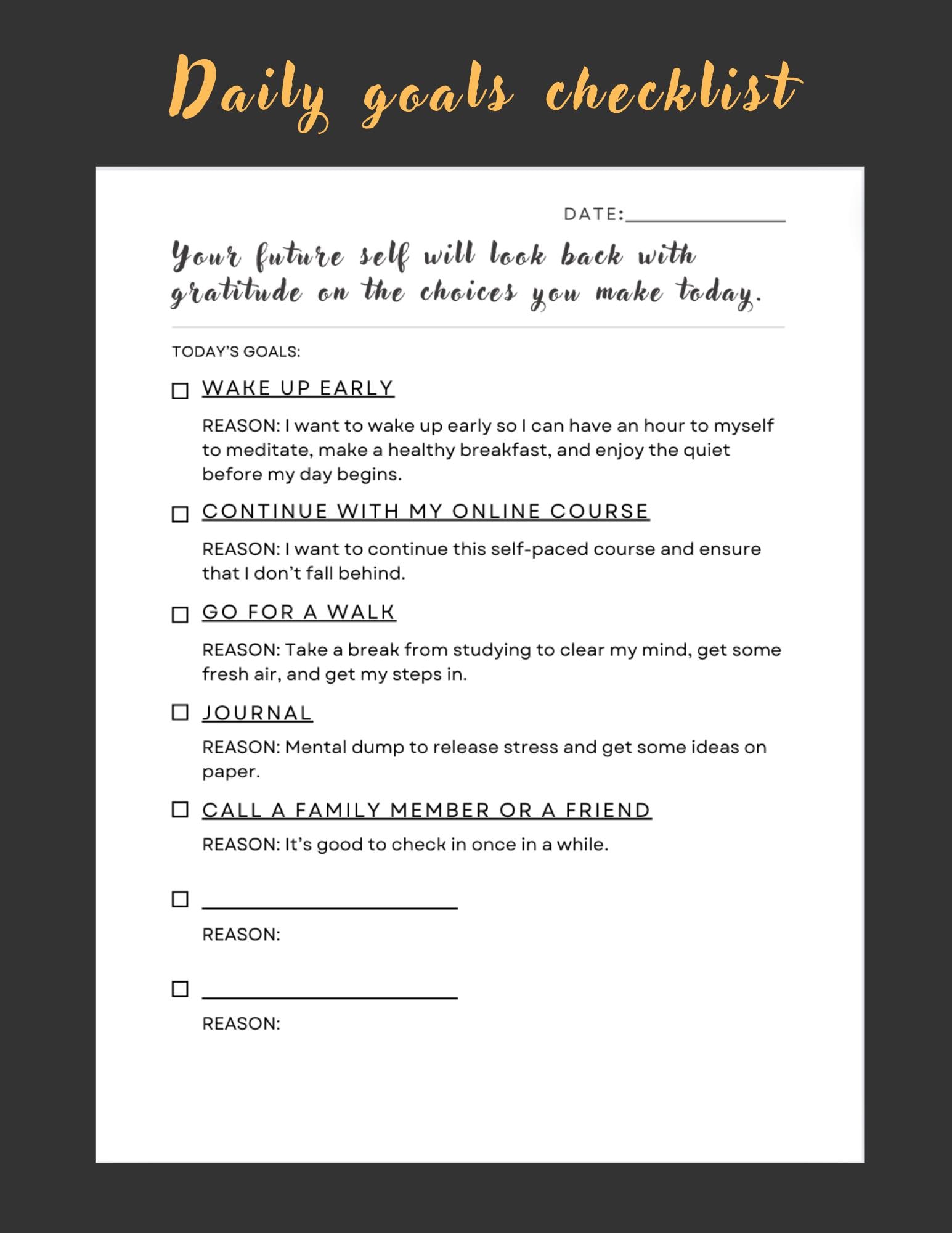 Daily Goals Checklist, 7-day Daily Checklist, Daily Checklist ...