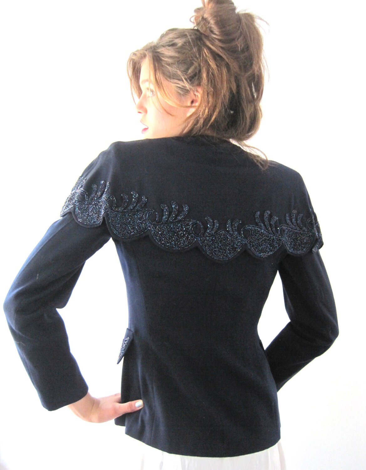 Vintage Deep Blue Jacket With Beaded Cape Collar and Pocket Flaps From ...