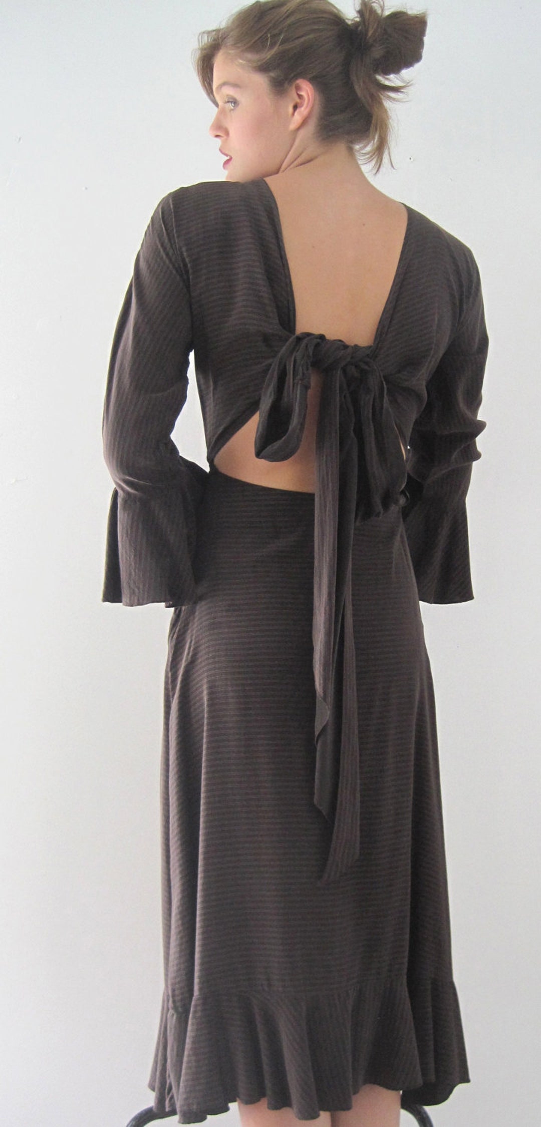 BASIA DESIGNS Vintage Brown Silk Striped Two Way Dress W Free ...