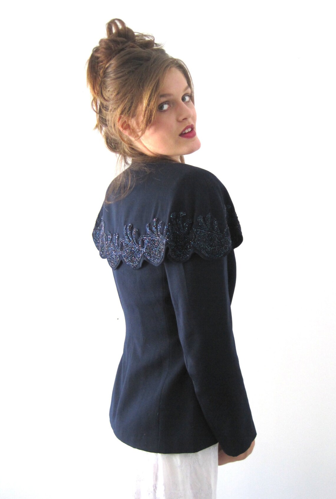 Vintage Deep Blue Jacket With Beaded Cape Collar and Pocket Flaps From ...