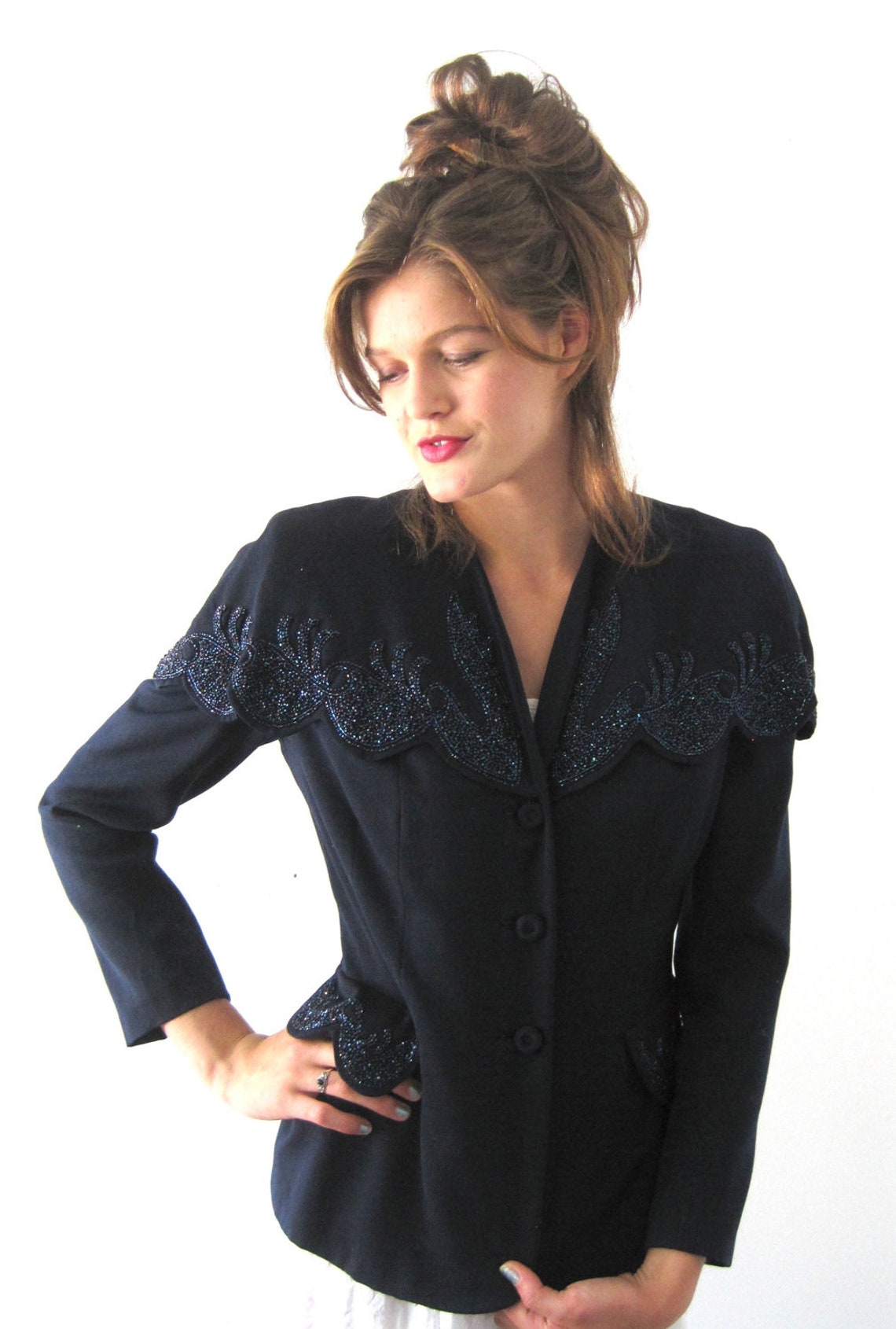 Vintage Deep Blue Jacket With Beaded Cape Collar and Pocket Flaps From ...