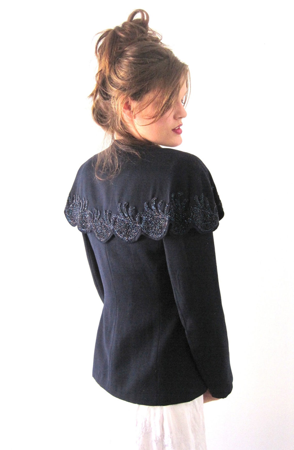 Vintage Deep Blue Jacket With Beaded Cape Collar and Pocket Flaps From ...