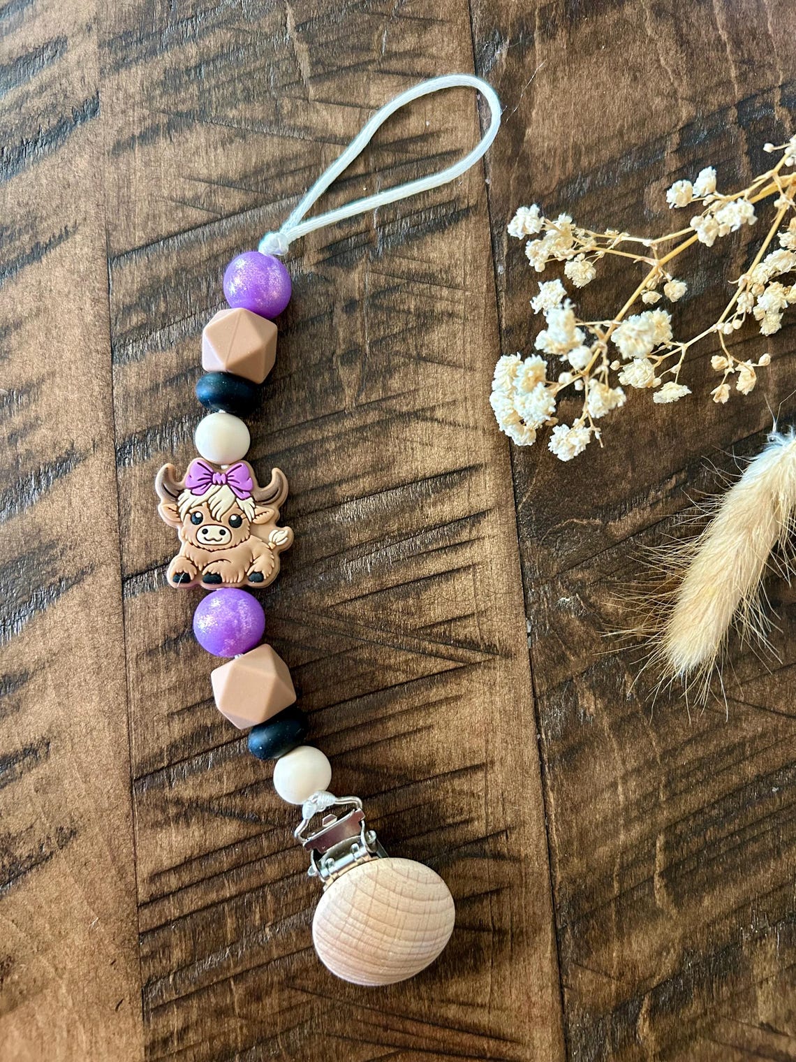 HIGHLAND Cow, Baby Girl Pacifier Clip, Purple Bow Neutral Accessory ...