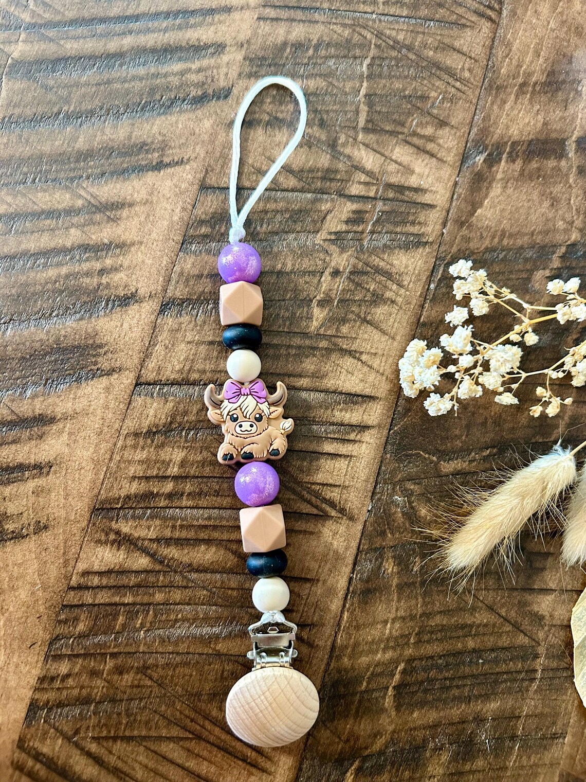 HIGHLAND Cow, Baby Girl Pacifier Clip, Purple Bow Neutral Accessory ...