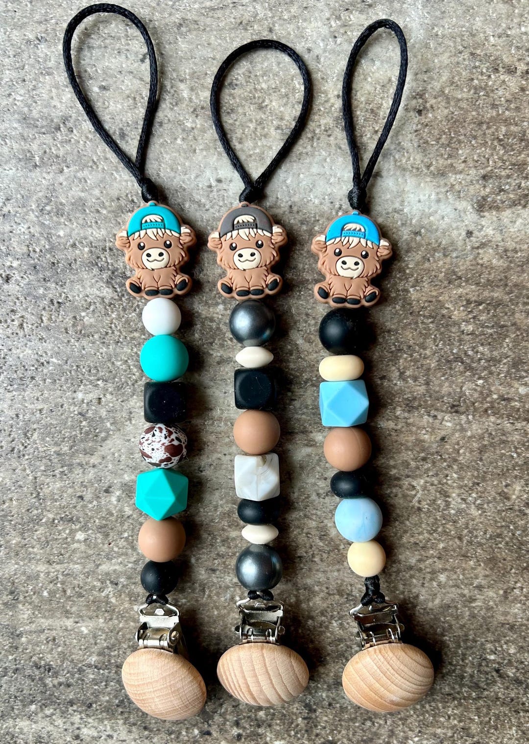 HIGHLAND Cow Pacifier Clip, Silicone Bead, Baby Boy Shower Gift, Blue ...