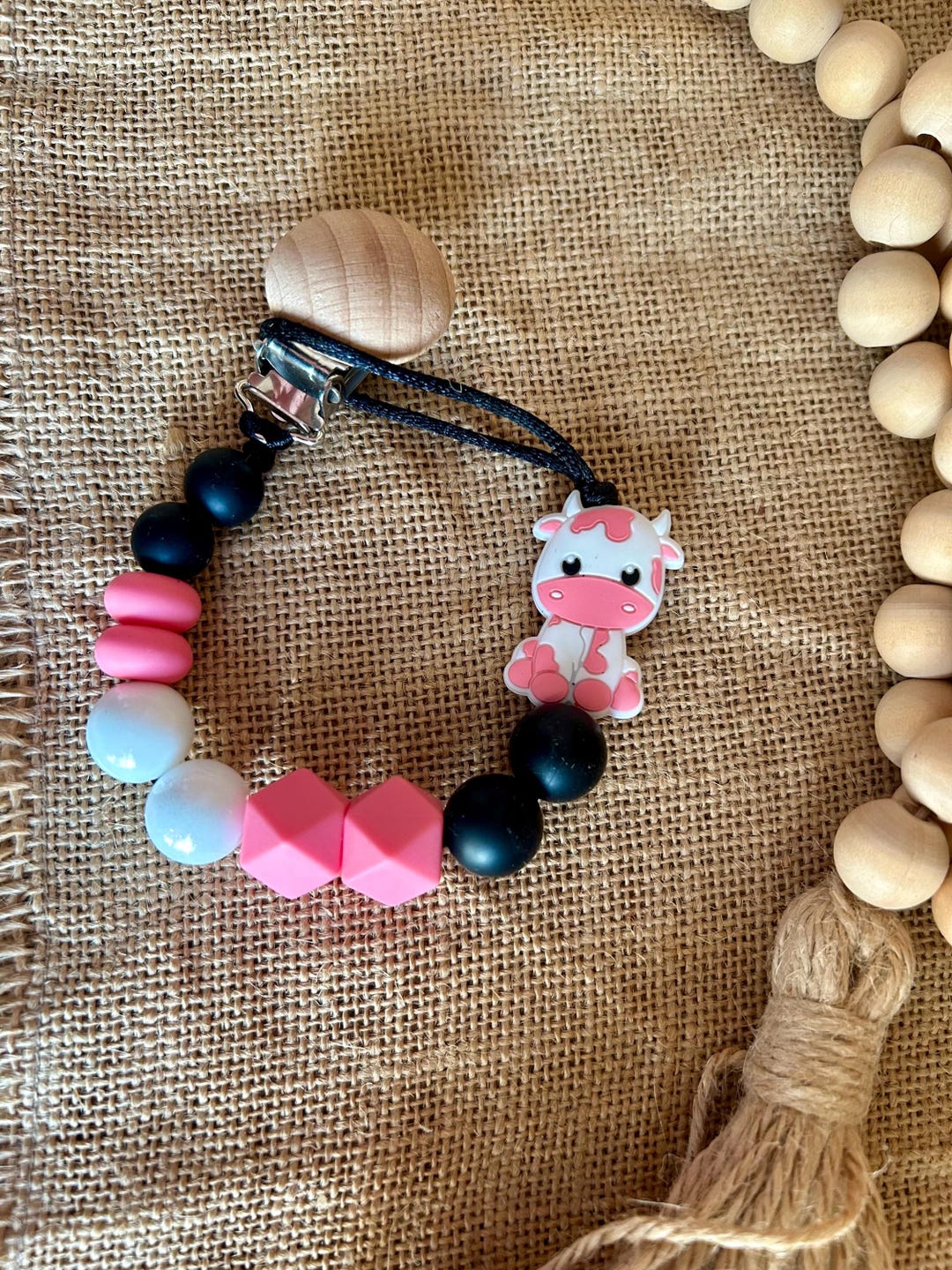 COW Baby Girl Pacifier Clip, Dairy Farm Pink Hulstein, Silicone Bead ...