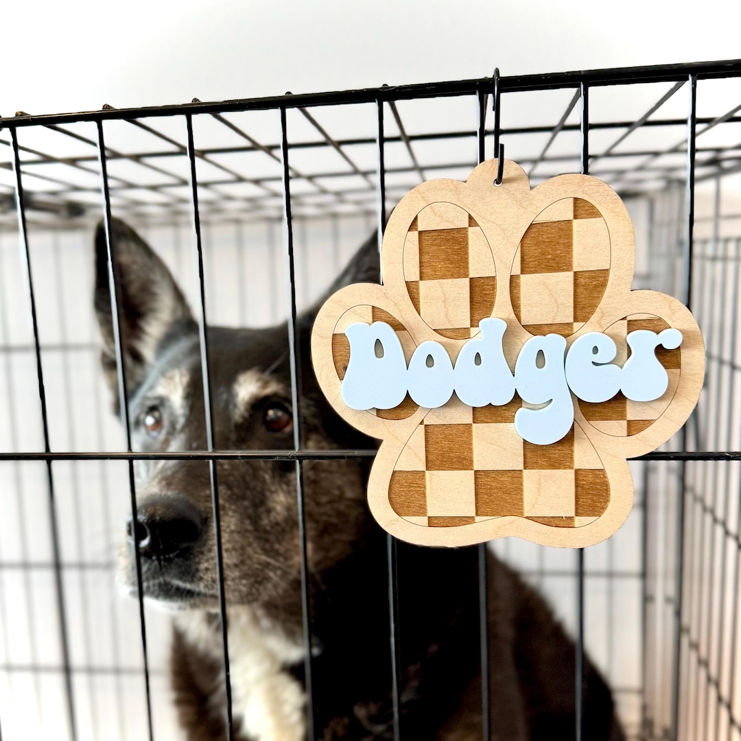 Checkered Personalized Dog Crate Name Tag Custom Engraved Paw Print ...