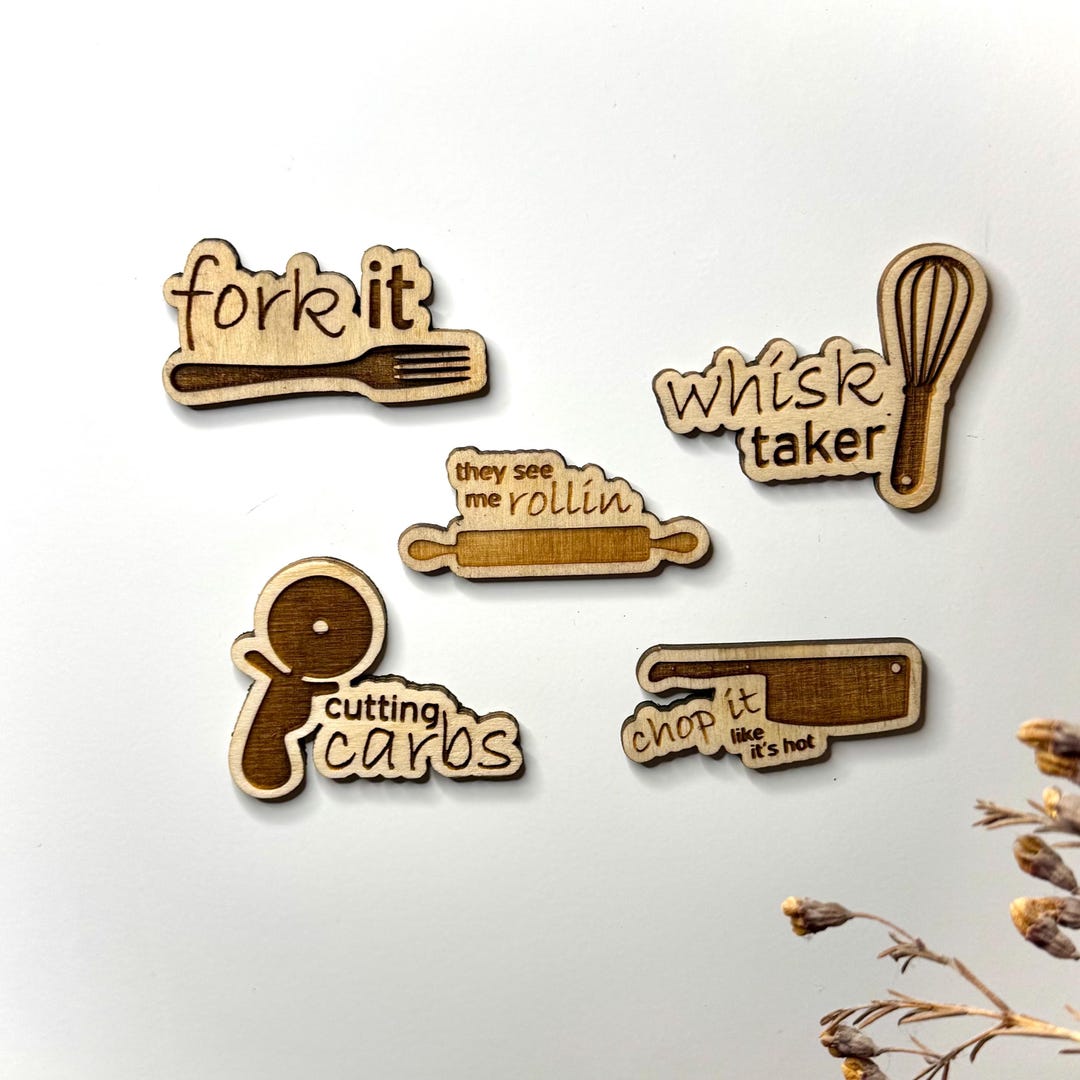 Set of 5 Funny Kitchen Pun Magnets - Engraved Wooden Fridge Decor ...