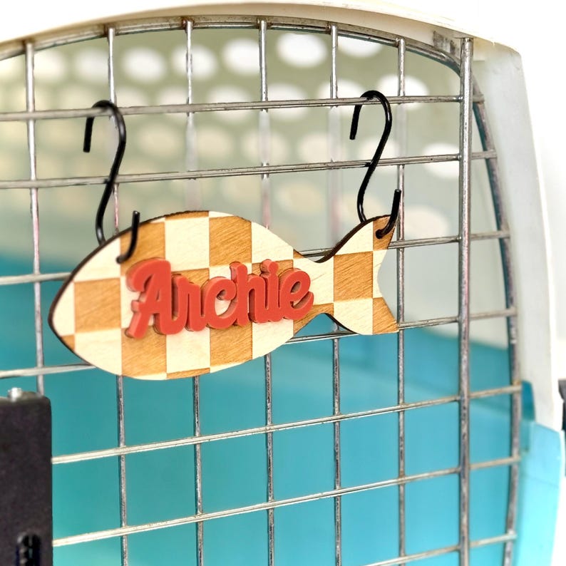 Personalized Cat Crate Tag - Checkered Cat Name Tag - Custom Wooden Cat ...
