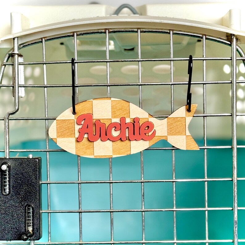 Personalized Cat Crate Tag - Checkered Cat Name Tag - Custom Wooden Cat ...
