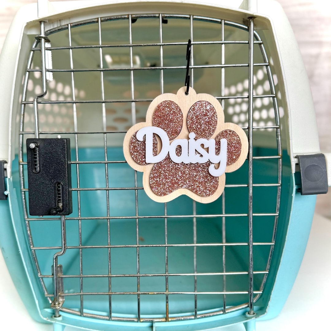 Personalized Cat Crate Name Tag Custom Paw Print Kennel Nameplate Paw ...