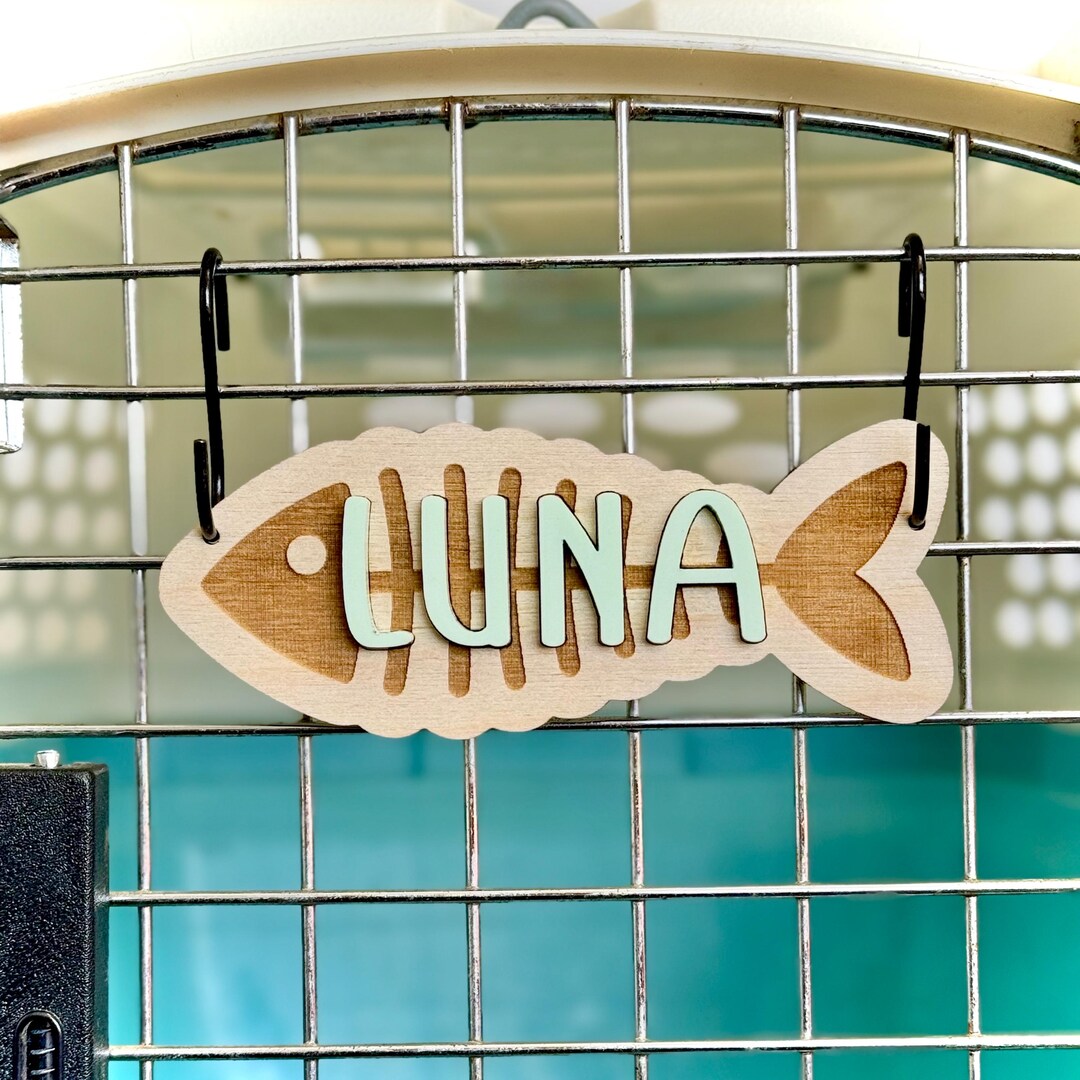 Personalized Cat Crate Tag - Fish-shaped Cat Name Tag - Custom Wooden ...