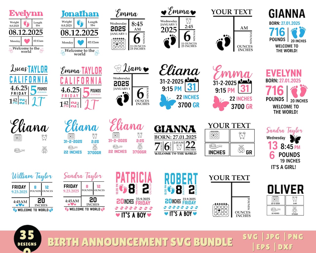 Birth Announcement SVG Bundle, Baby Stats Template, Birth Stats Svg ...