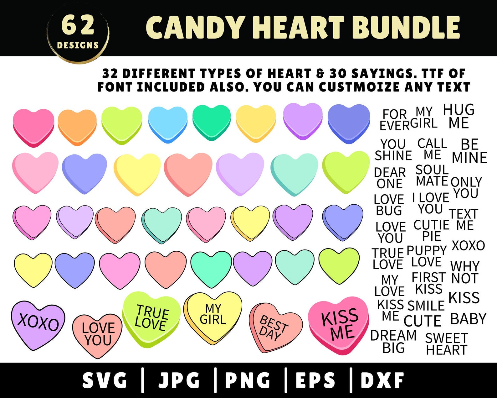 Candy Heart SVG, Candy Hearts PNG, Valentine Hearts SVG, Candy Heart ...