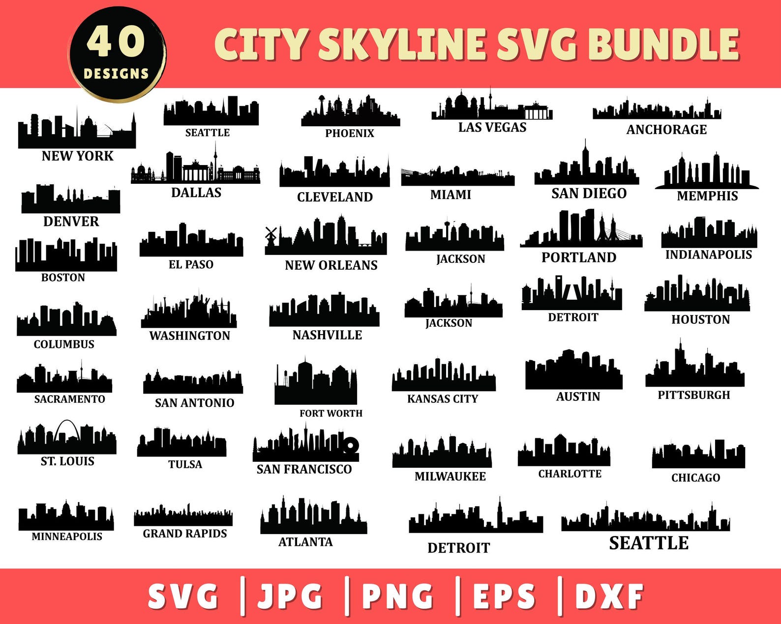 40 US City Skyline SVG, Skyline Svg, Cut Files, Cricut, US Cities Svg ...