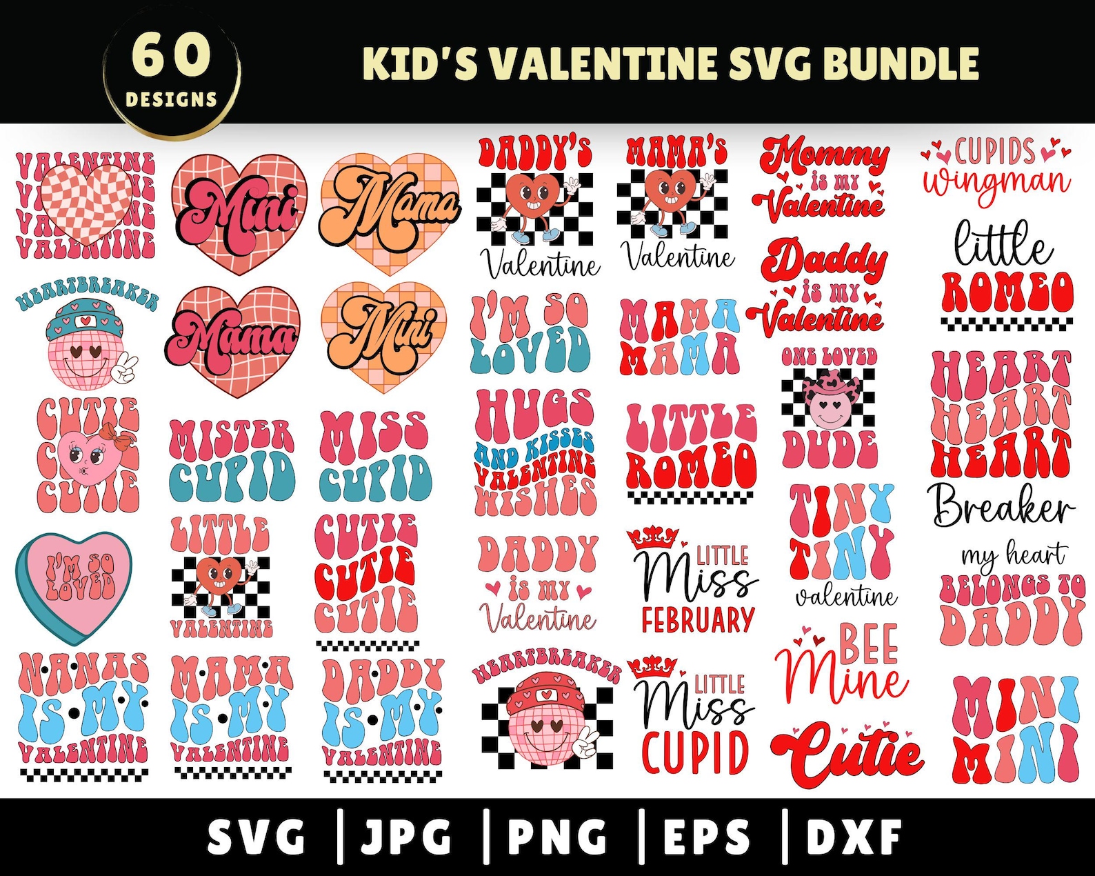 Valentine Kids SVG Bundle, Kids PNG Bundle, Retro Valentine Png ...