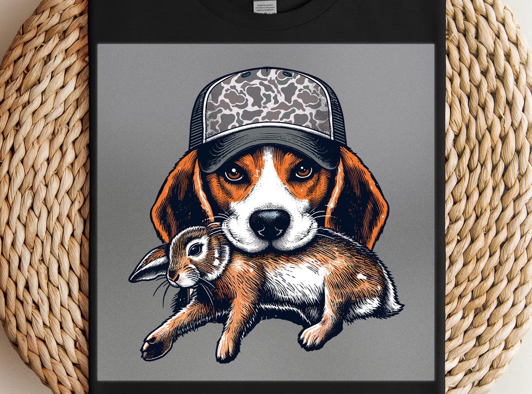 Beagle Hunting Heat Transfer, Camo Hat and Rabbit Design for DIY Crafts ...