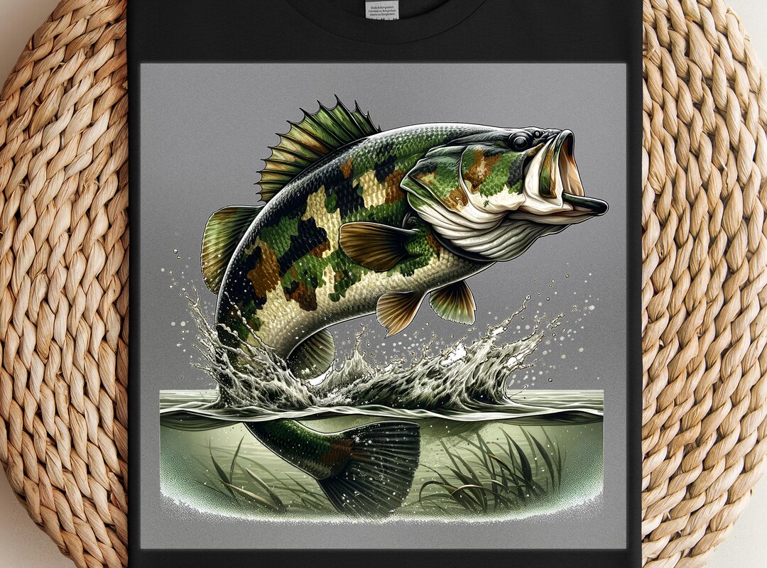 Camouflage Bass DTF Transfer, Bold Jumping Bass Design, Rustic Outdoor ...