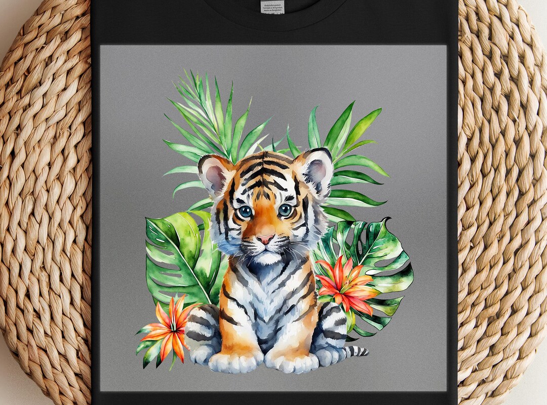 Baby Tiger DTF Transfer, Watercolor Jungle Animal, Tropical Floral ...
