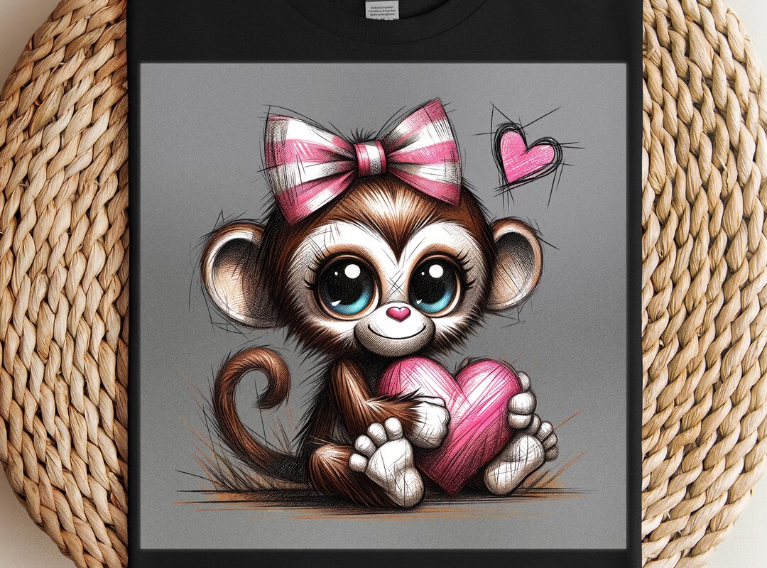 Baby Monkey Valentine's Day DTF Transfer, Cute Monkey Holding Pink ...