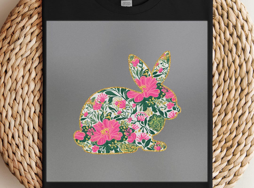 Floral Bunny DTF Transfer, Rabbit Silhouette With Pink Flowers, Ready ...