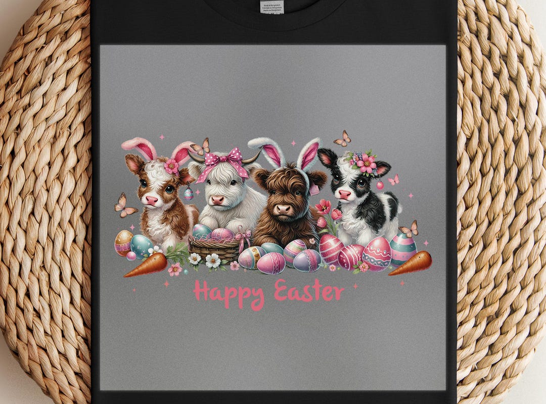 Happy Easter DTF Transfer, Cute Baby Cows With Bunny Ears, Spring Farm ...