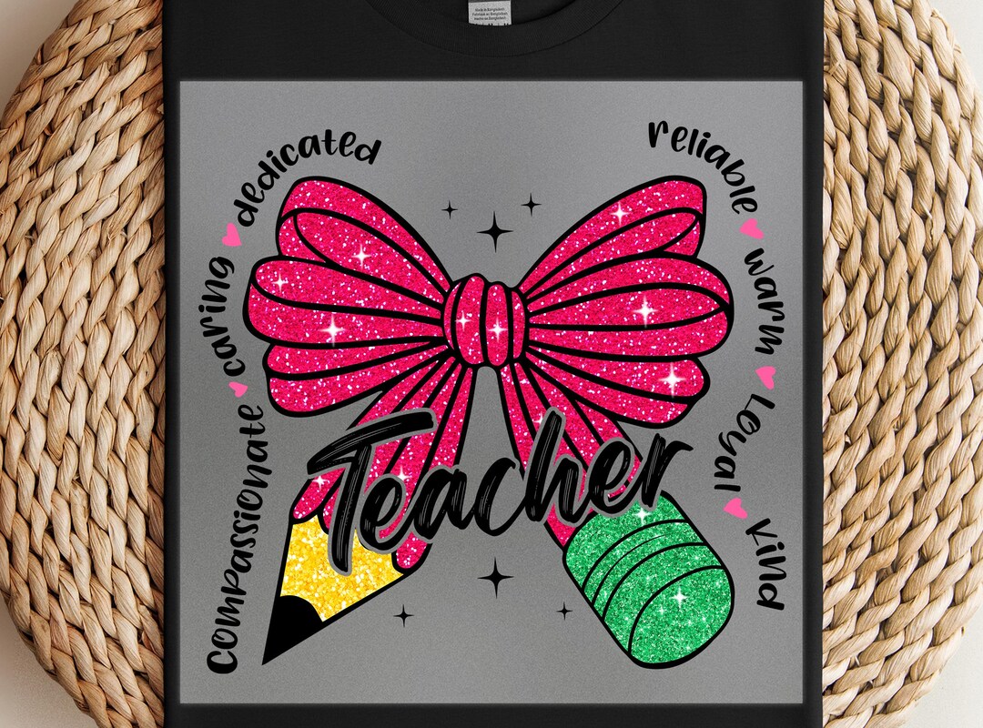 Teacher DTF Transfer, Pink Sparkle Bow With Pencil and Eraser, Back to ...
