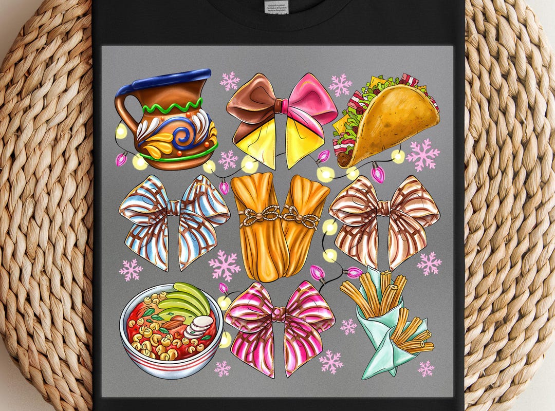 Mexican Christmas DTF Transfer, Festive Food and Bow Design, Fun ...