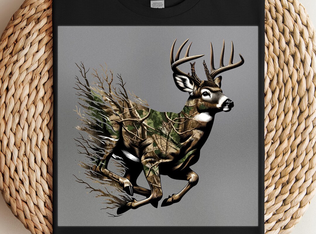 Camo Deer DTF Transfer, Rustic Running Deer Design, Antler Forest ...