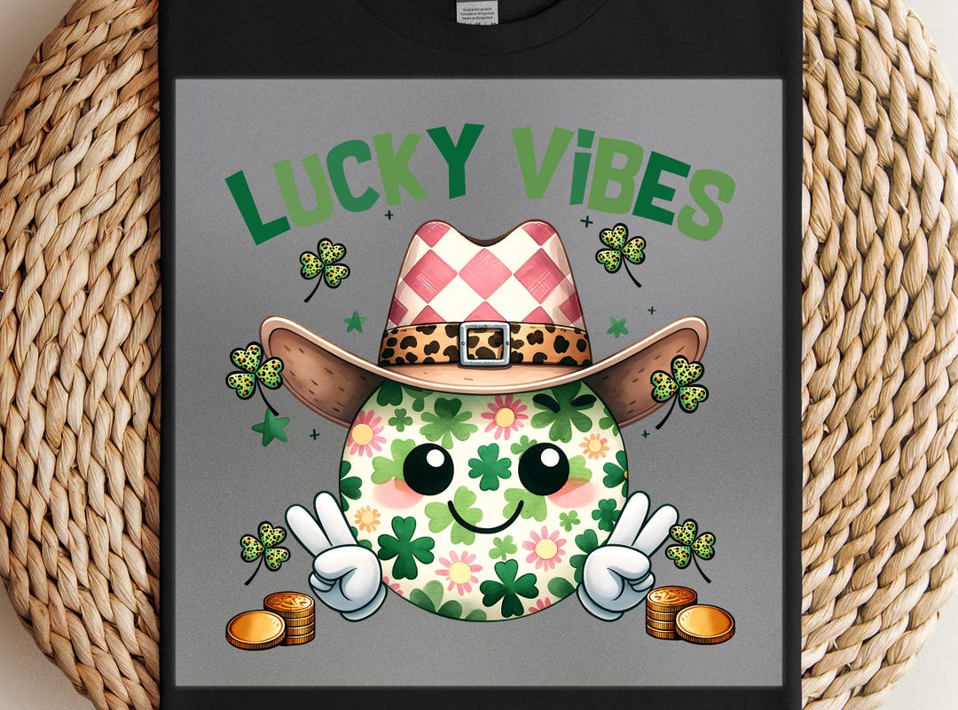 Lucky Vibes DTF Transfer, Shamrock Emoji Cowboy Hat Print, Fun St ...