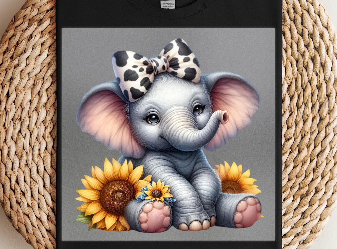 Cute Baby Elephant DTF Transfer, Blue and Yellow Sunflowers With Cow ...