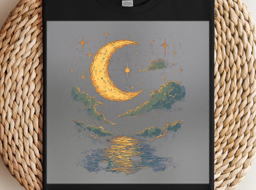 Crescent Moon DTF Transfer With Starry Sky and Water Reflection, Rustic ...