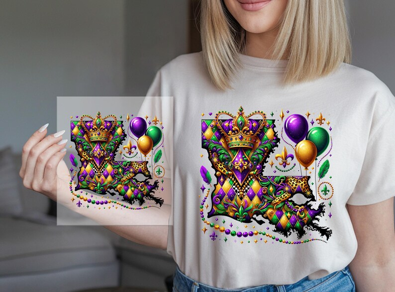 Louisiana Mardi Gras DTF Transfer: Crown, Beads & Balloons - Etsy