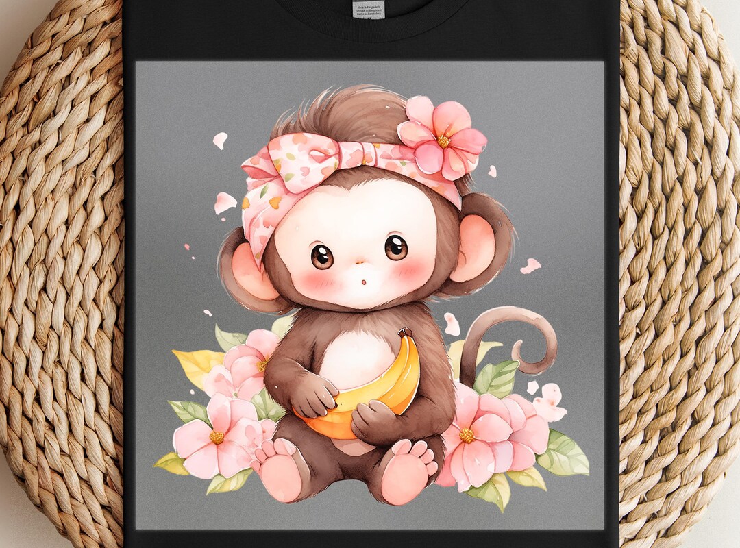 Sweet Baby Monkey Dtf Transfer, Sitting With Banana and Pink Bow, Cute ...