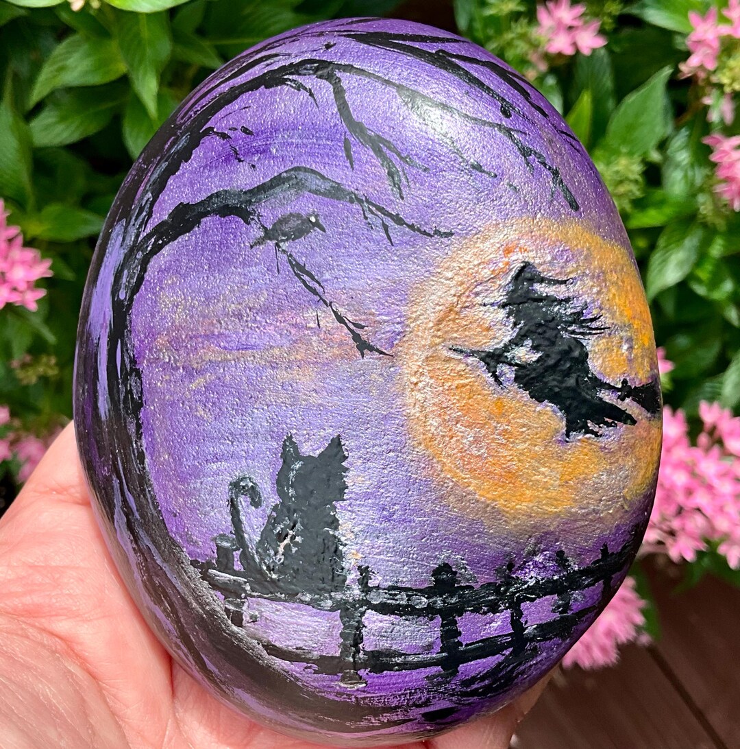 Cat & Witch Hand Painted on A Sea Stone Paperweight Purple Lavender ...