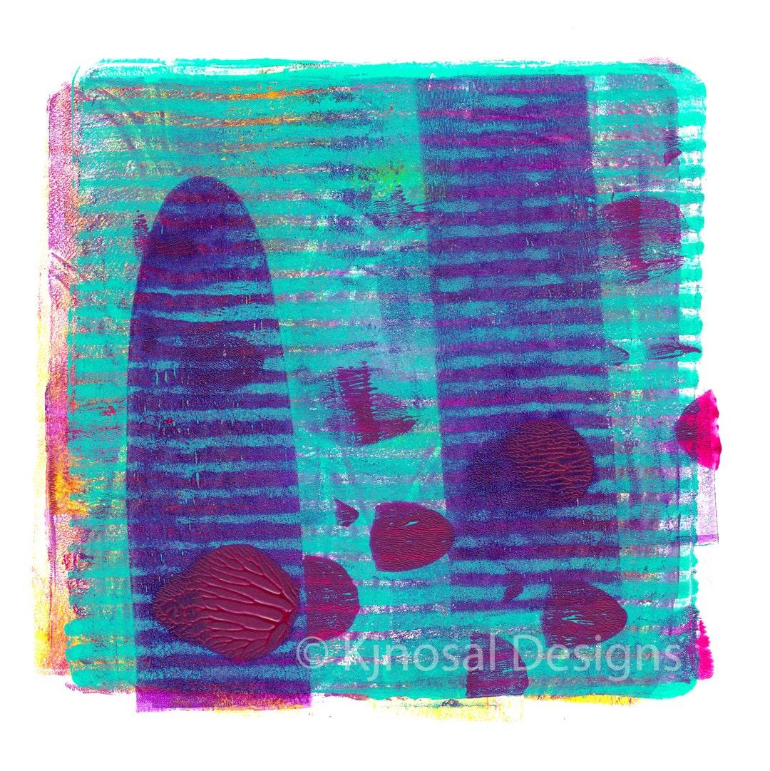Handmade Abstract Monoprint Art: Turquoise & Purple Stripes - Etsy