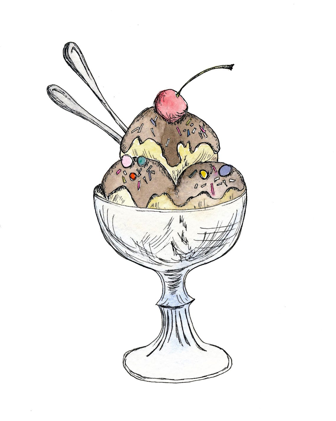 Ice Cream Sundae Art Print: Watercolor Dessert Illustration (digital ...