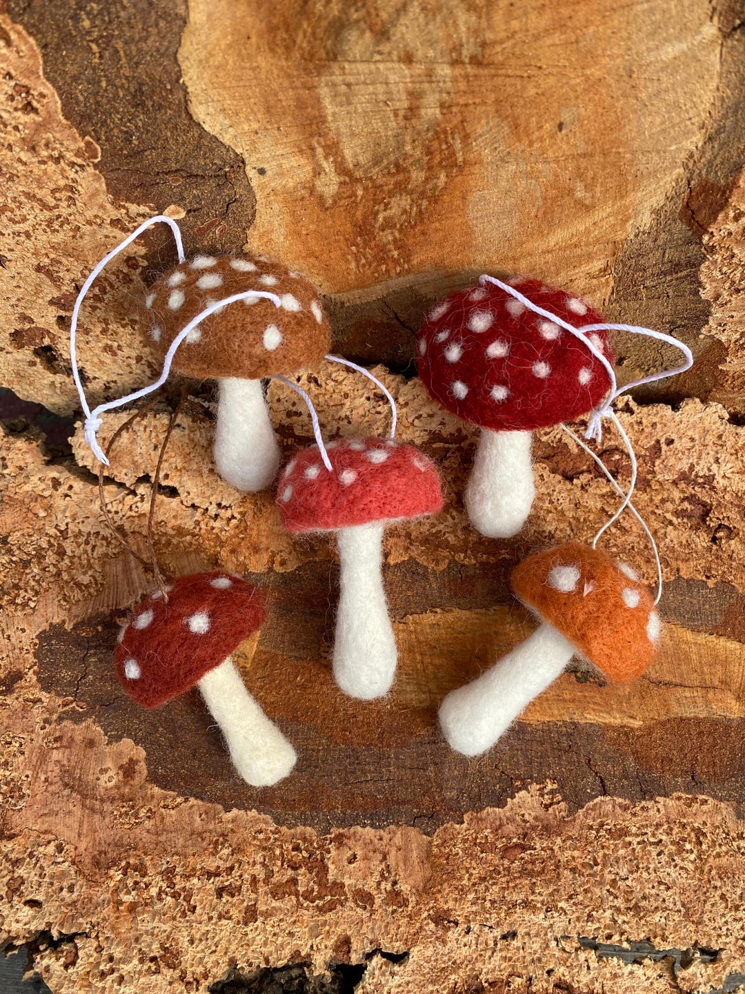 Set of FIVE Spotted Needled Felted Mushrooms Handmade Ornaments Felt ...