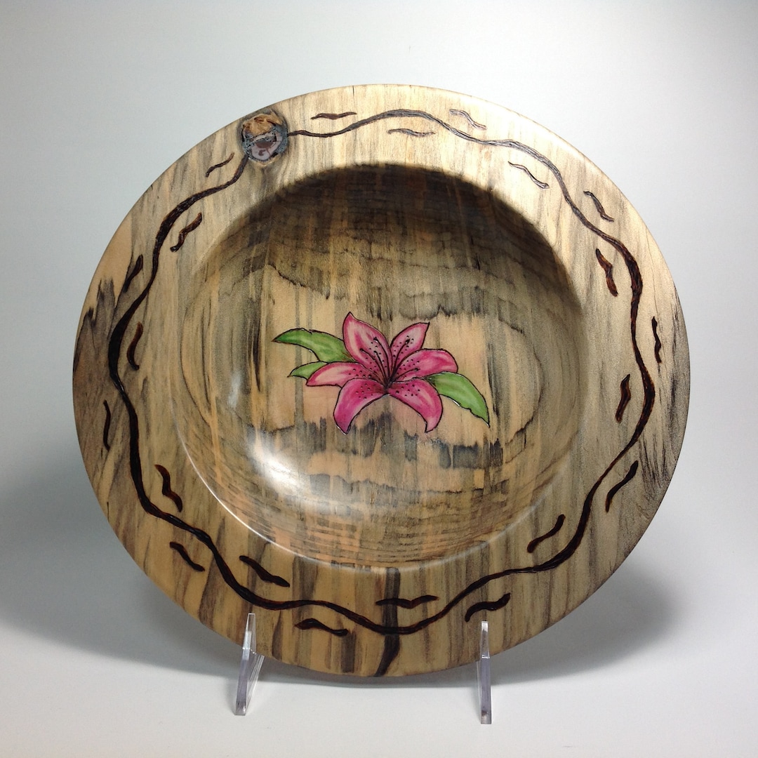 Wood Bowl With Pyrography Accent, Norfolk Pine Bowl, Handmade Bowl ...