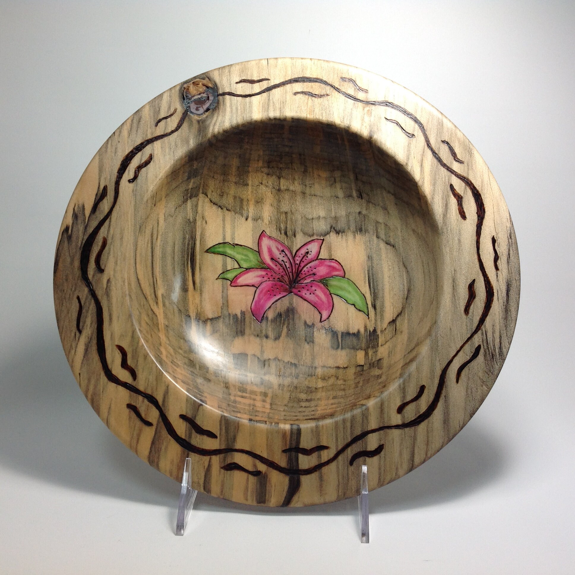 Wood Bowl With Pyrography Accent, Norfolk Pine Bowl, Handmade Bowl ...