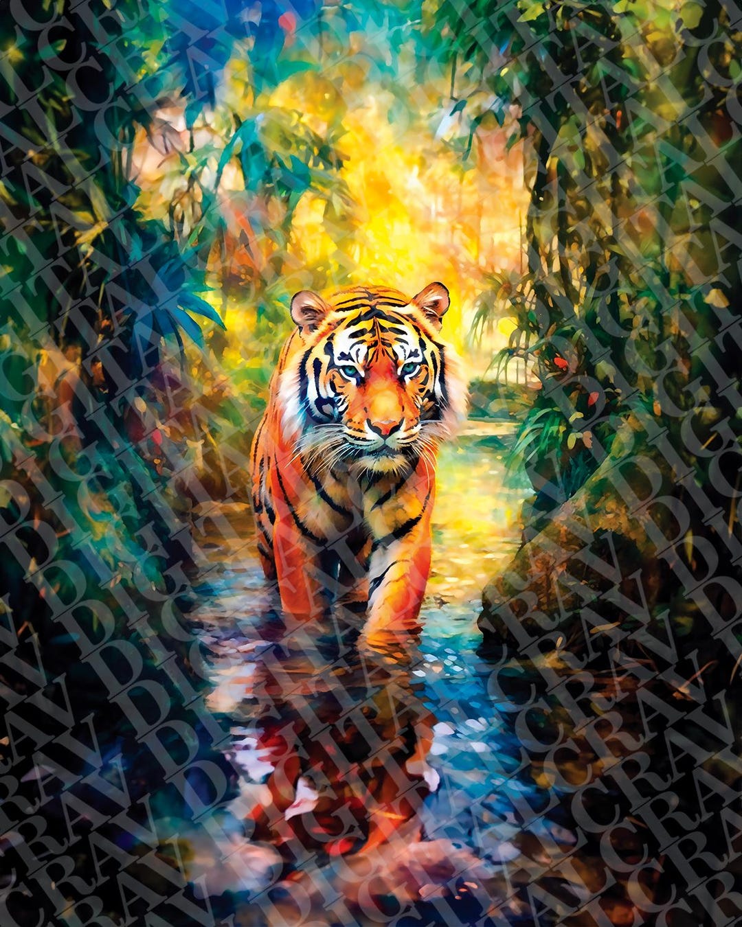 Bengal Tiger in a Jungle River, Painted With Alcohol and Ink Technique ...