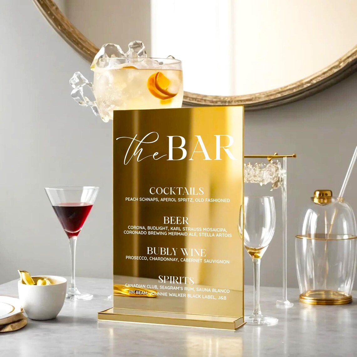 Gold Mirror Bar Sign - Wedding Bar Menu - Signature Cocktails - Bar ...