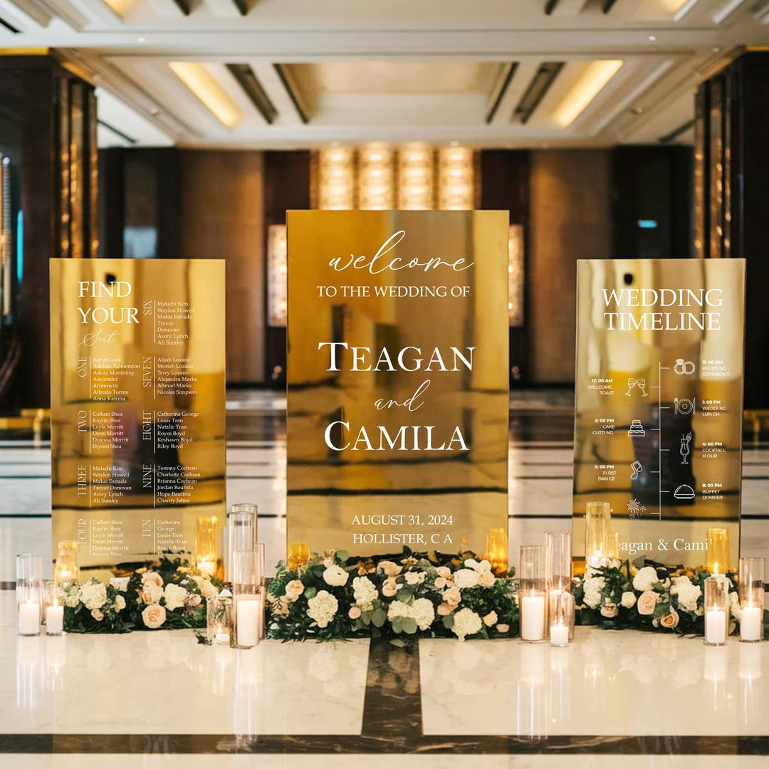 Set of 3 Gold Mirror Wedding Signs Bundle, Welcome Sign, Seating Chart ...