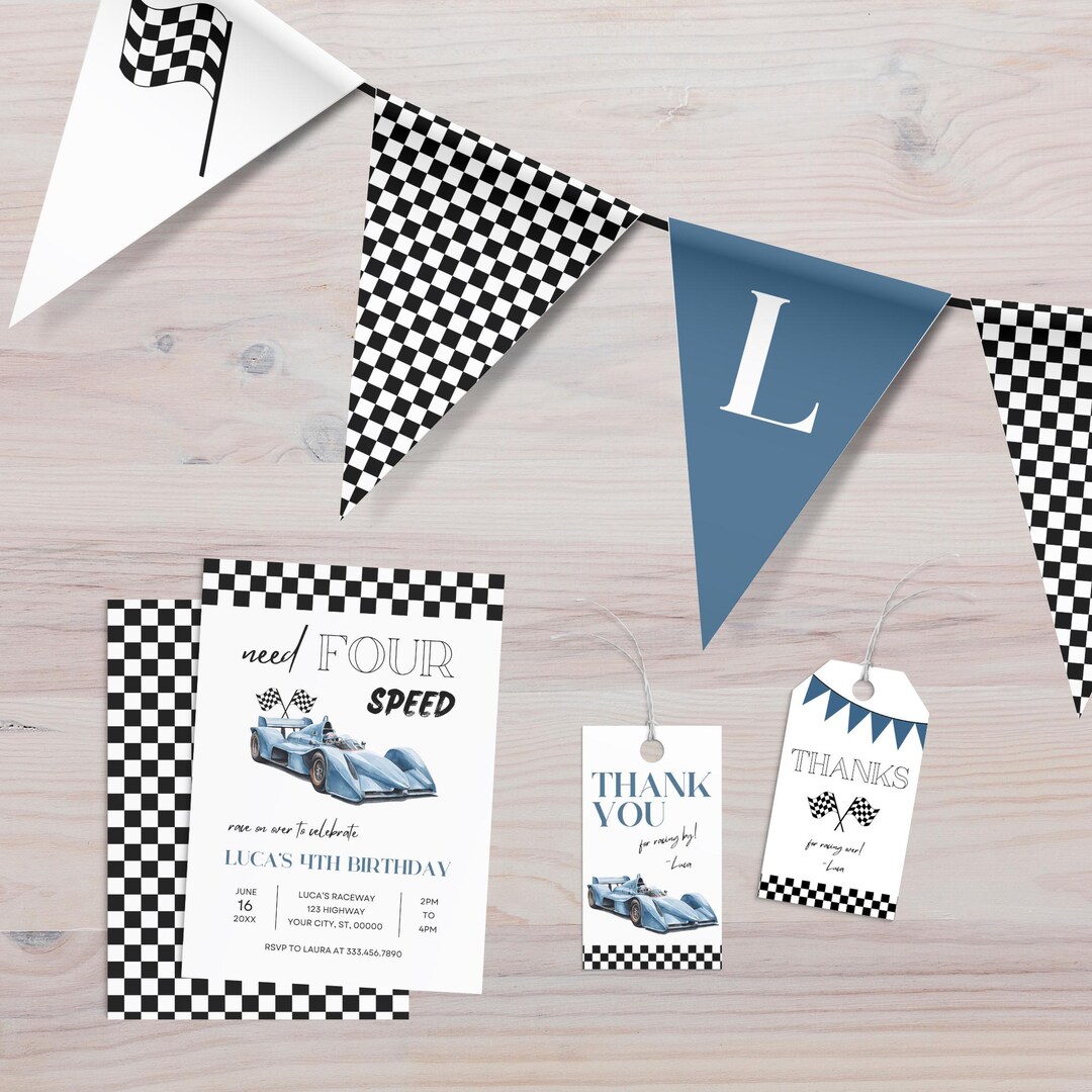 Need FOUR Speed Birthday Mini Bundle | Race Car Invitation | Pennant Banner | Favor Gift Tags ...