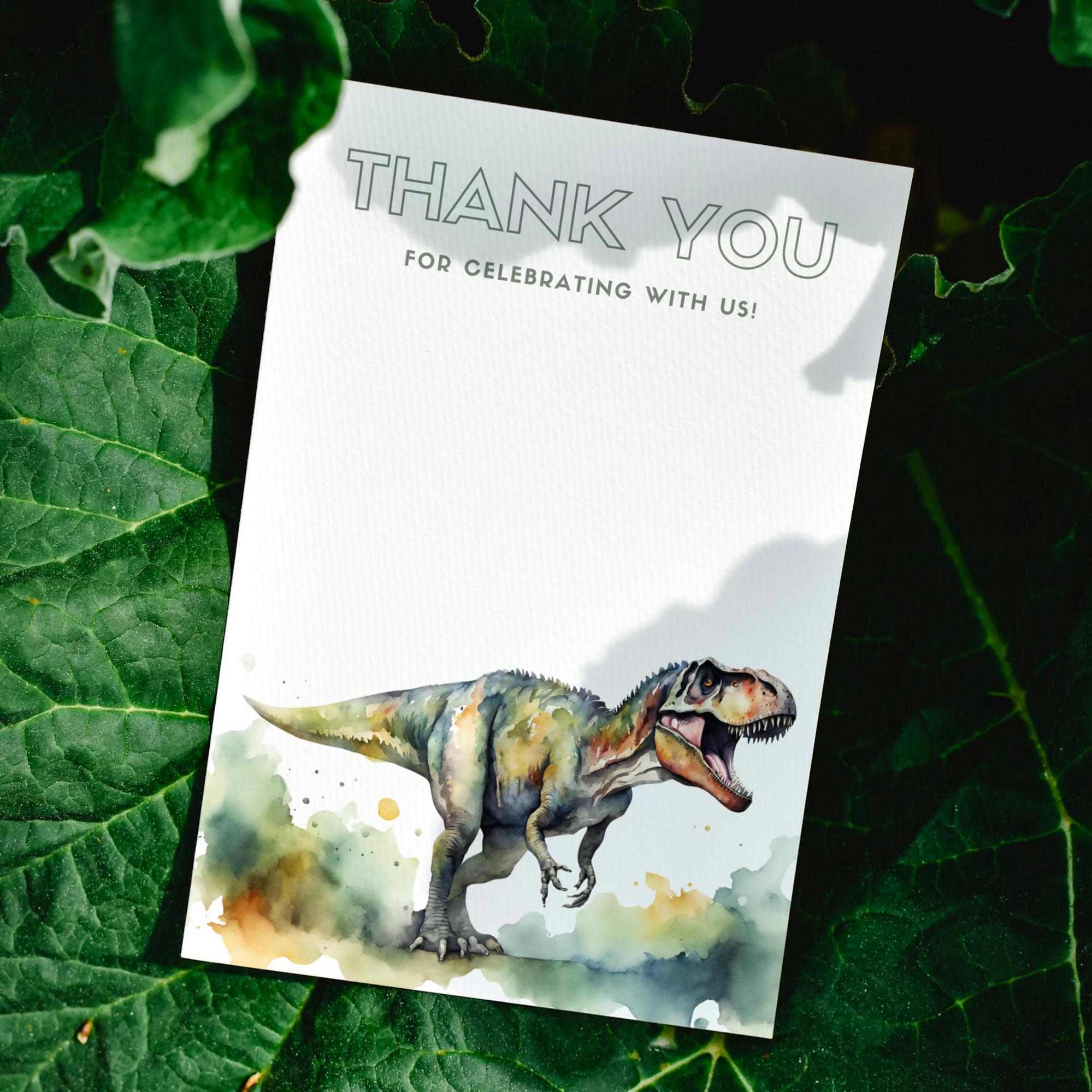 Dinosaur Thank You Card | T-rex Dino Birthday Party | DIY Watercolor ...