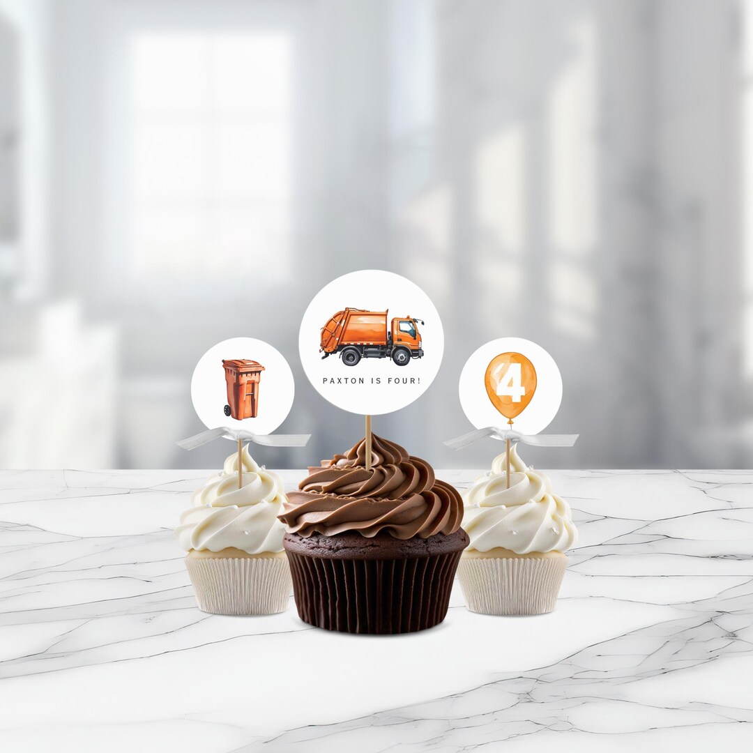 Orange Garbage Truck Birthday Cupcake Toppers | Rubbish Bin | DIY Trash ...