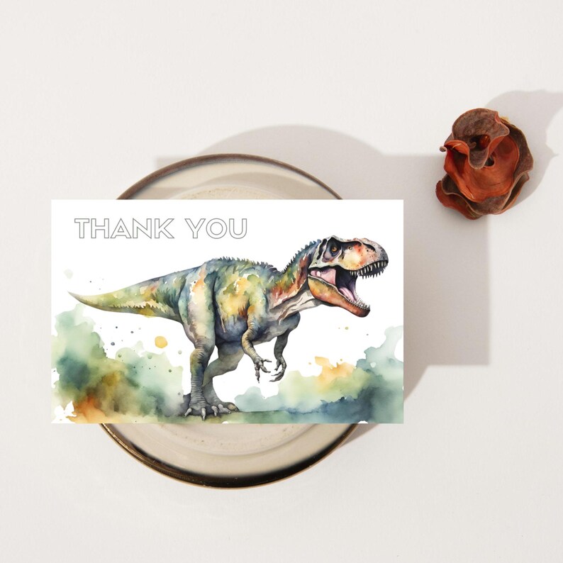 Dinosaur Thank You Card | T-rex Dino Birthday Party | DIY Watercolor ...